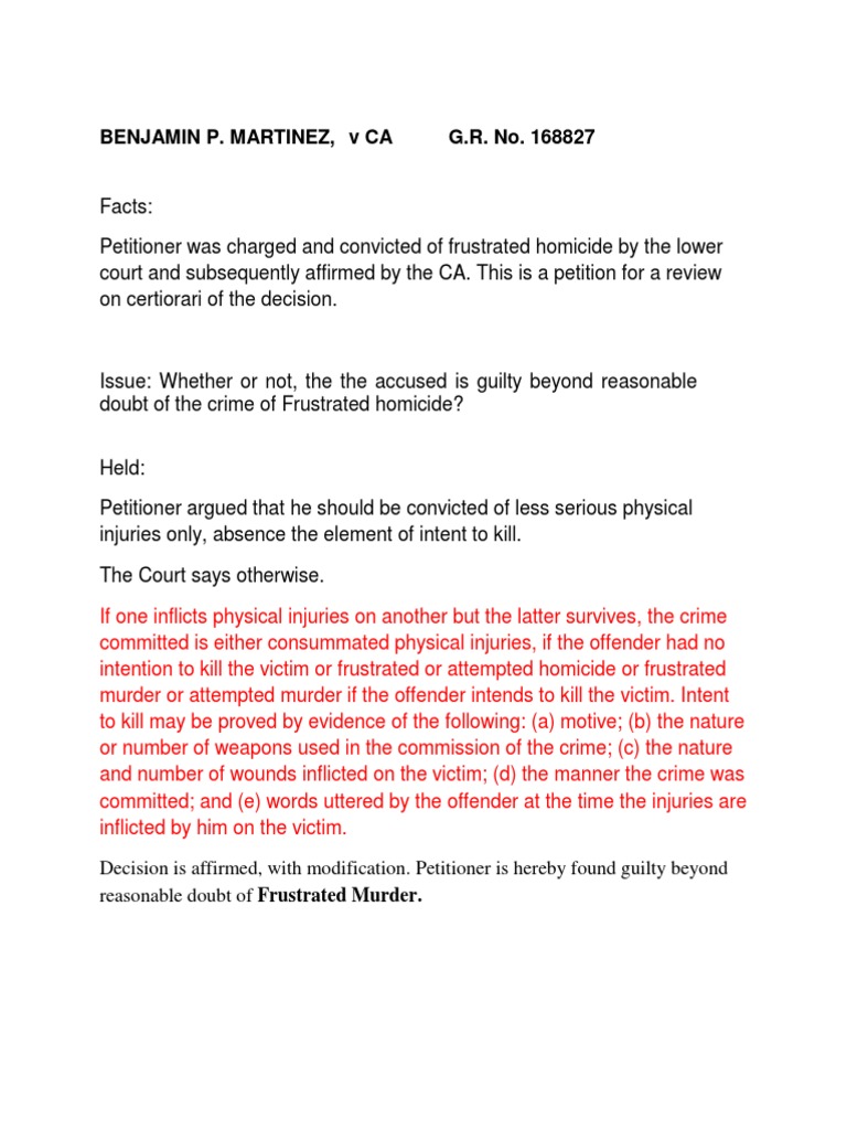 The Supreme Court Affirms Conviction for Frustrated Murder Due to ...