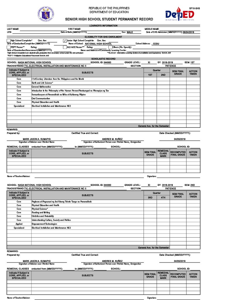 Senior High School Student Permanent Record: Republic of The ...