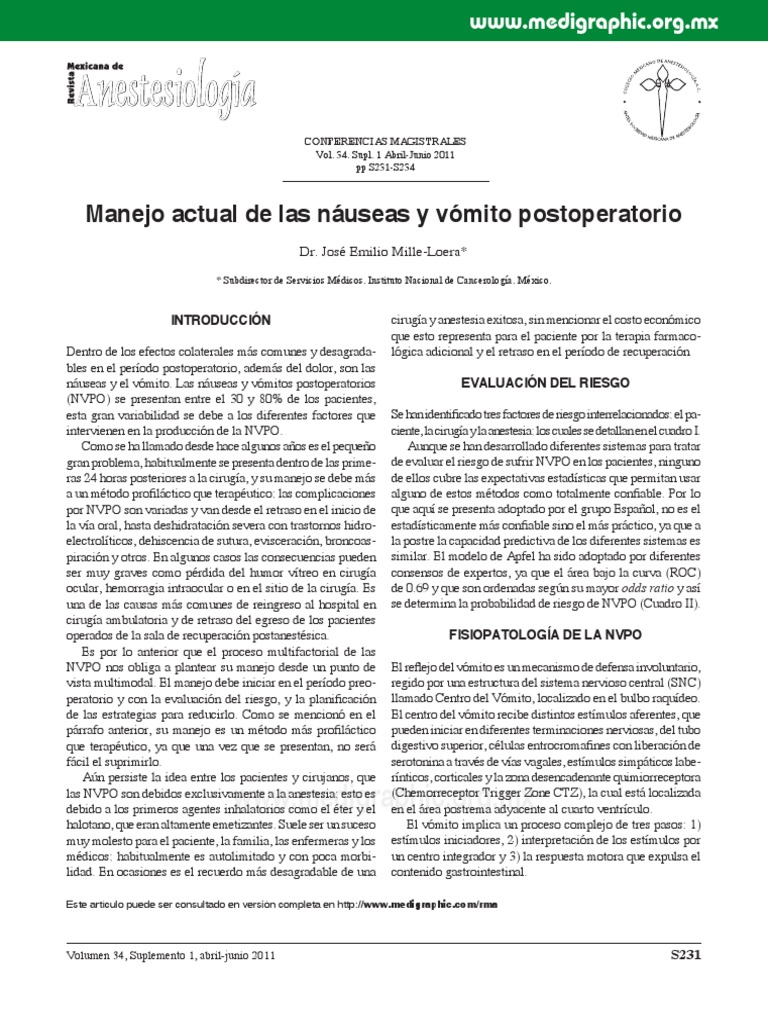 Manejo Actual de Las Náuseas y Vómito Postoperatorio PDF | PDF ...