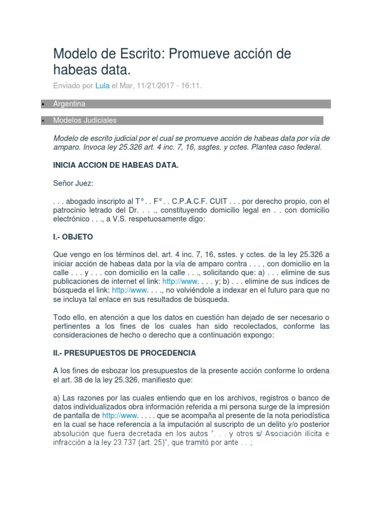 Modelo Habeas Data | PDF | Corte de justicia europea | Internet