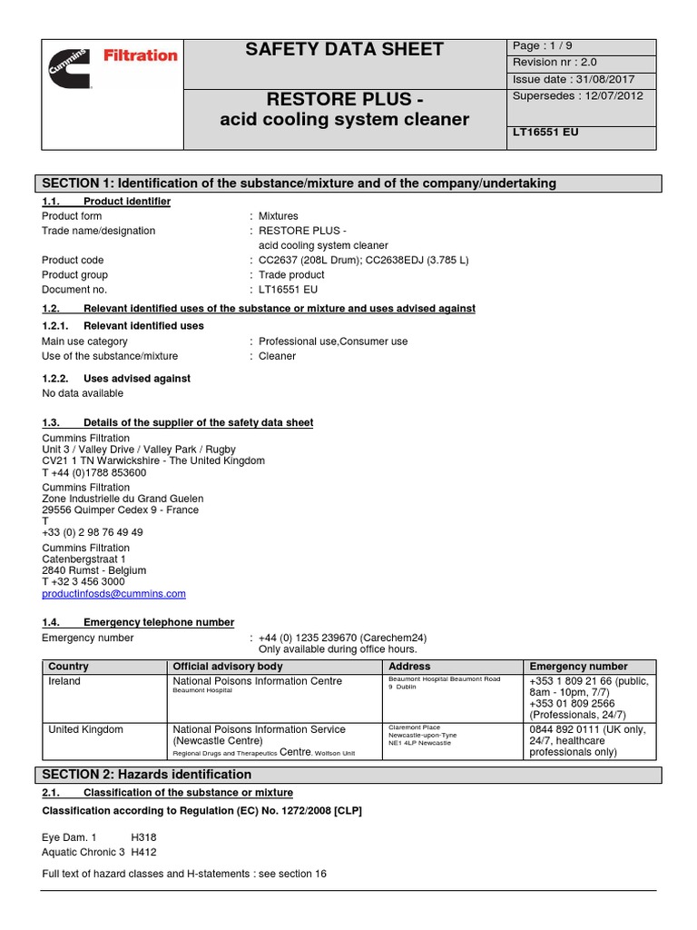 LT16551GB - Restore Plus Material Safety Data Sheet | PDF | Dangerous Goods | Firefighting