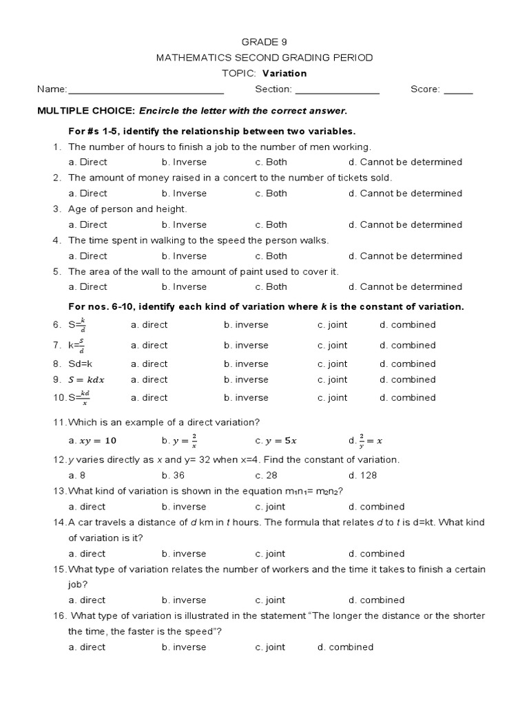 Variation Test Questions | PDF | Volume | Variable (Mathematics)