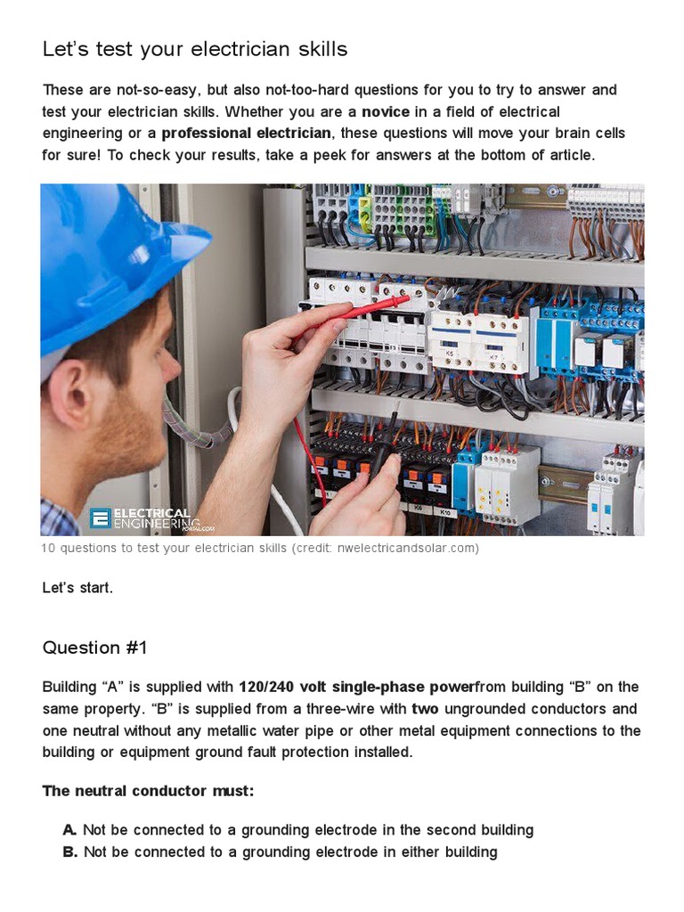 Electrician Skills Assessment Quiz | PDF | Volt | Electrical Engineering