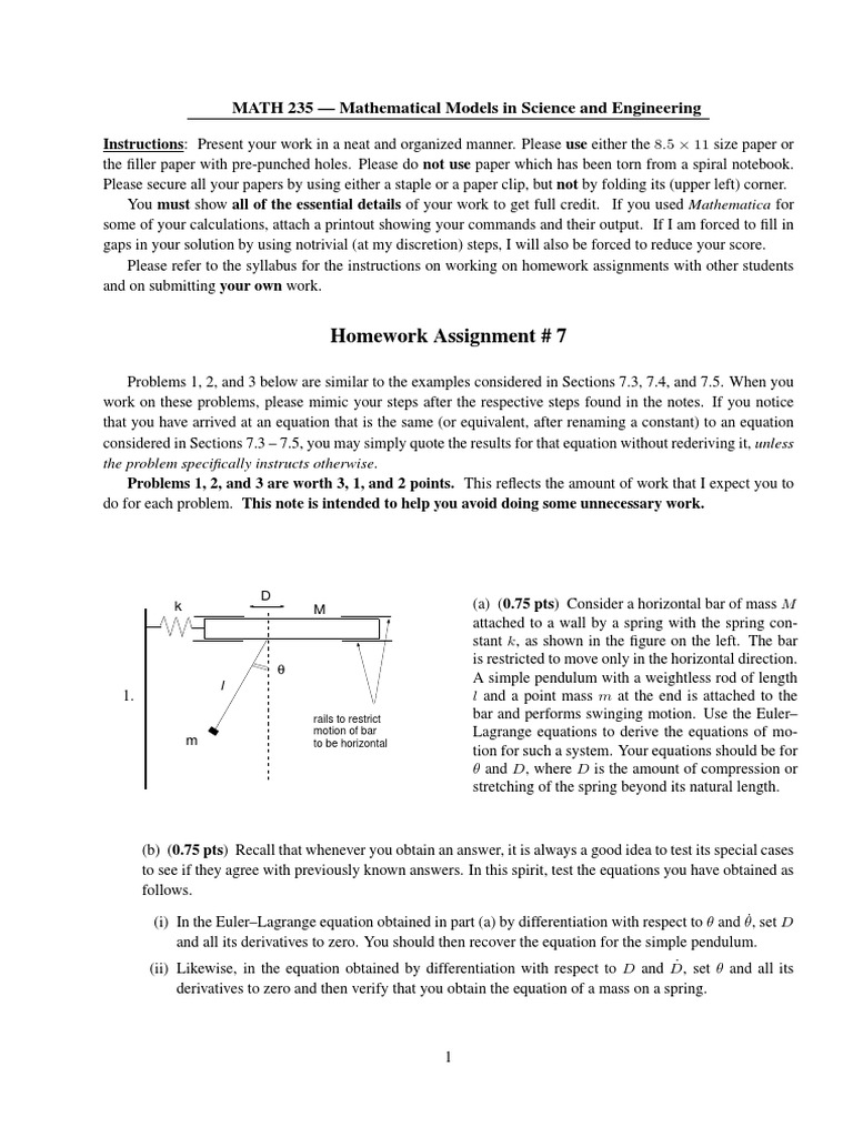 Homework Assignment # 7: MATH 235 - Mathematical Models in Science and ...