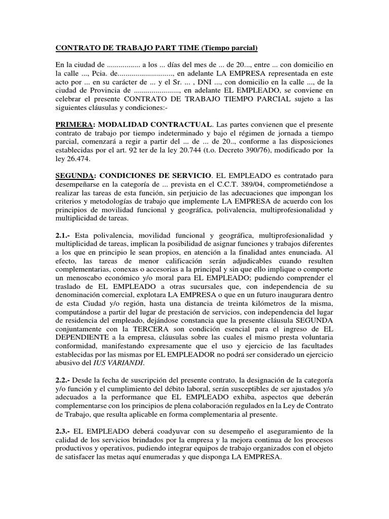 Contrato Part Time1 | PDF | Tiempo de trabajo | Derecho laboral