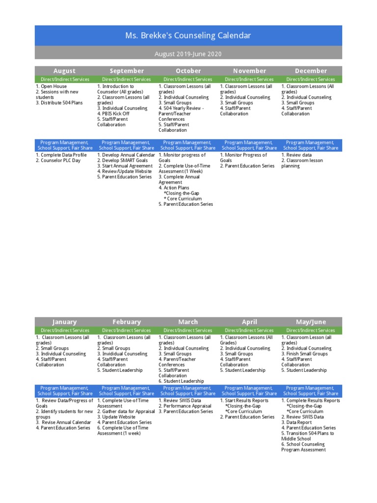 Ms. Brekke's Counseling Calendar: August September October November ...