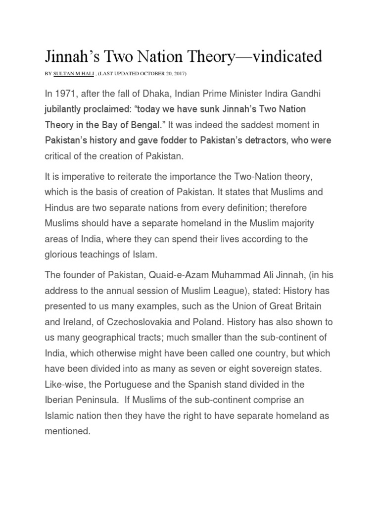 Jinnah 2 Nation Theory Vindicated | PDF | Muhammad Ali Jinnah | Two ...