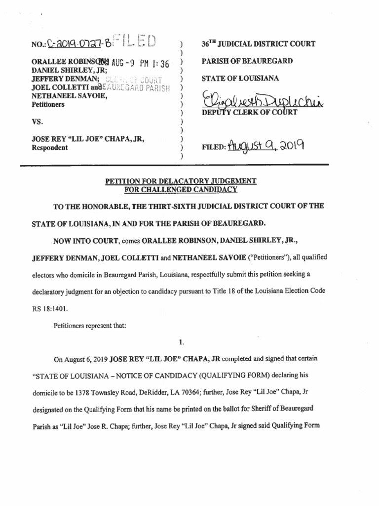 Challenge To Candidacy of Joe Chapa For Beauregard Sheriff. | PDF