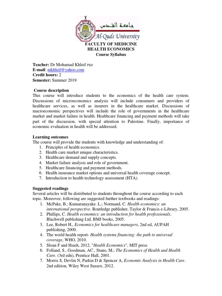 Health Economics Course Syllabus | PDF | Health Care | Health Economics