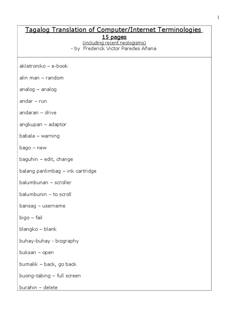 Tagalog Translation Of Computer Internet Terminologies Pdf Computer Keyboard Computer File 