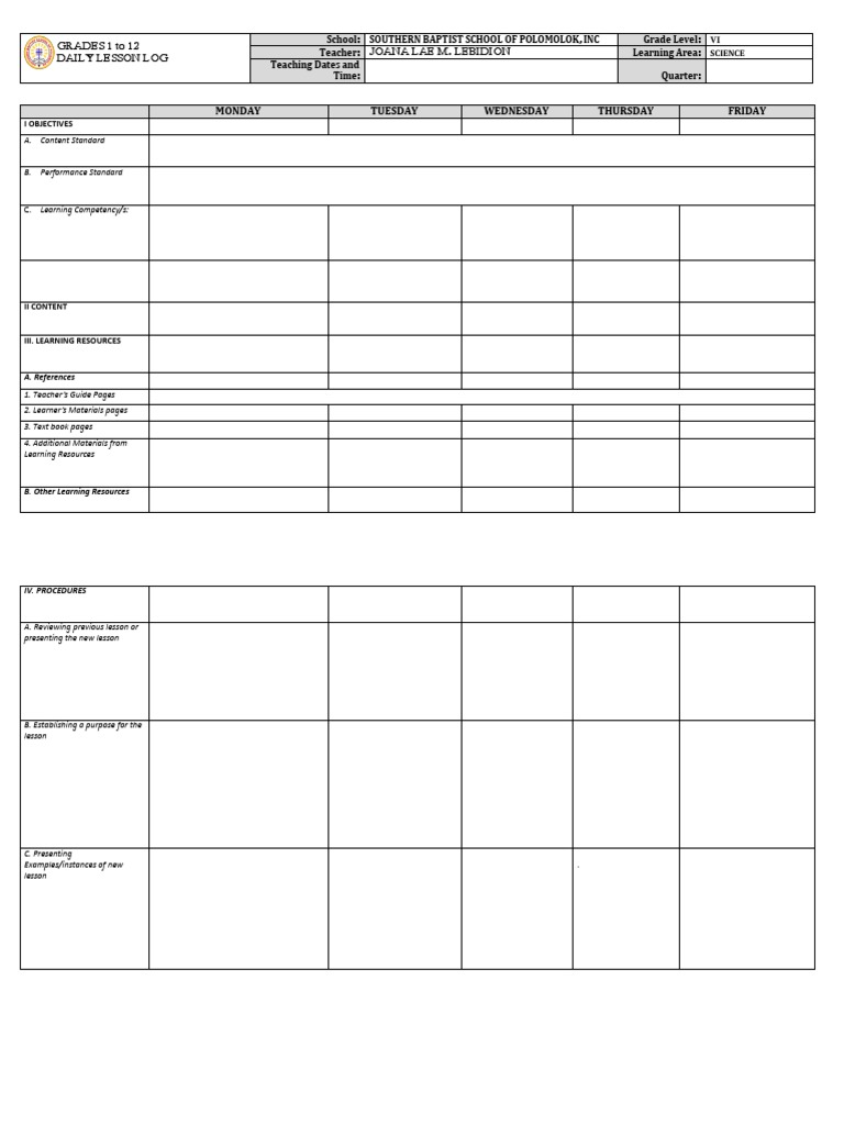 GRADES 1 To 12 Daily Lesson Log Joana Lae M. Lebidion | PDF | Teachers ...