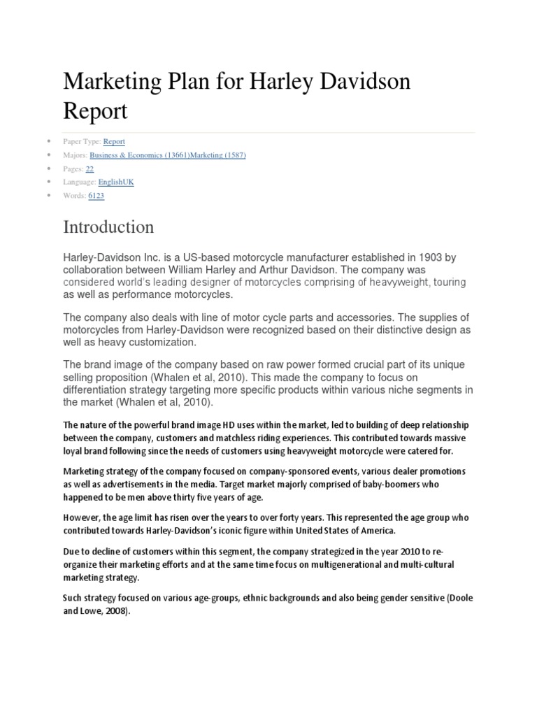 Marketing Plan For Harley Davidson Report | PDF | Market Segmentation ...