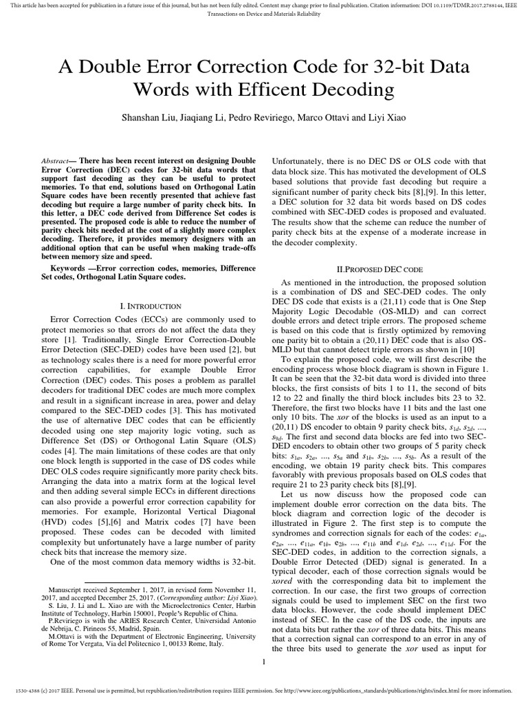 Double Error Correction Code For 32 Bit Data Words With Efficent Decoding Pdf Error 