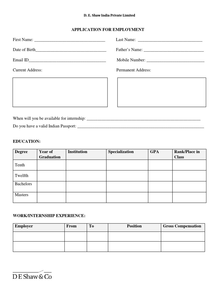 Application For Employment: D. E. Shaw India Private Limited | PDF