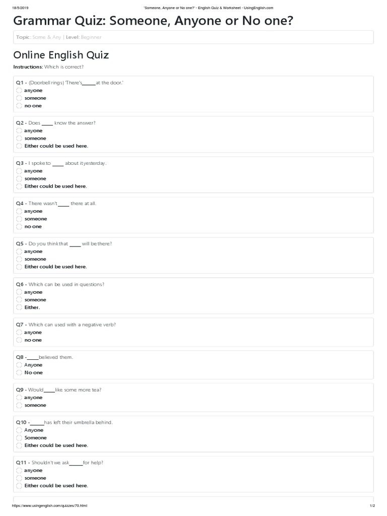 'Someone, Anyone or No One - ' - English Quiz & Worksheet | PDF