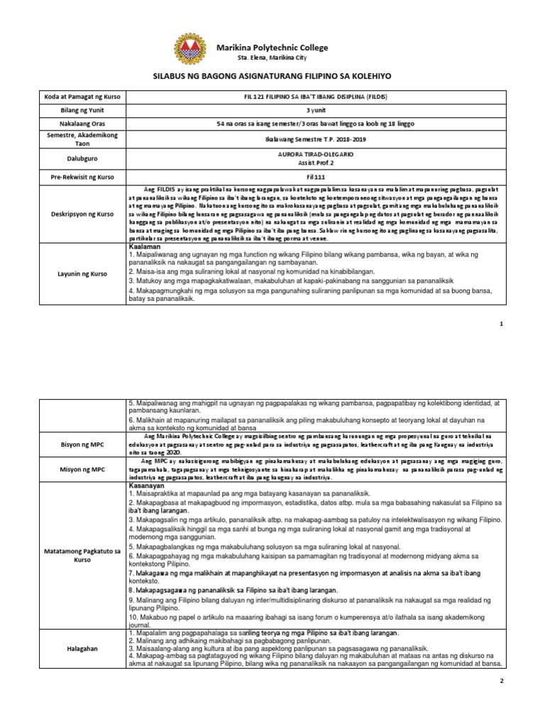 OBE FIL 121 1st Sem 2018 2019 | PDF