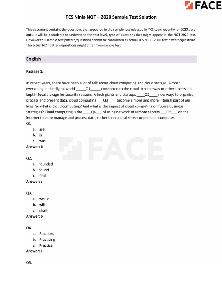 TCS Ninja NQT 2020 Sample Test Solution PDF | PDF