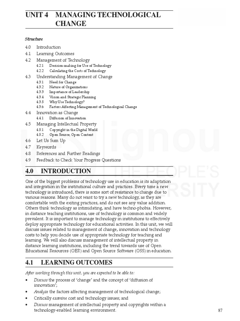 Unit 4 Managing Technological Change: Structure | PDF | Leadership | Strategic Planning