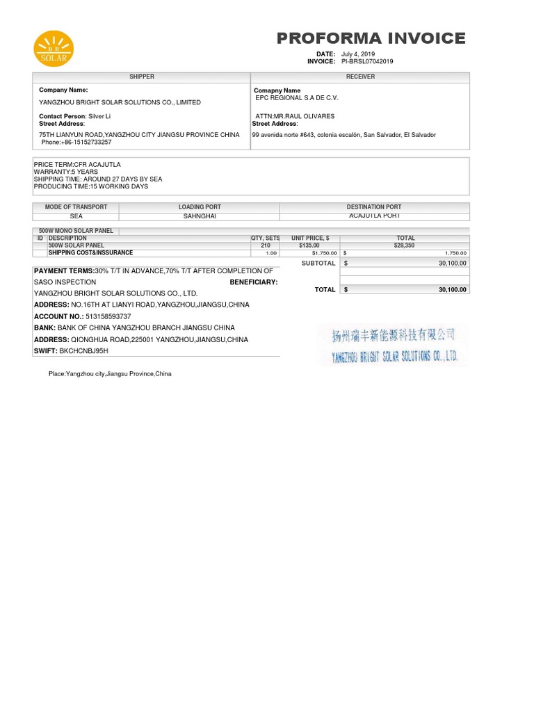 Proforma Invoice PI BRSL07042019 | PDF