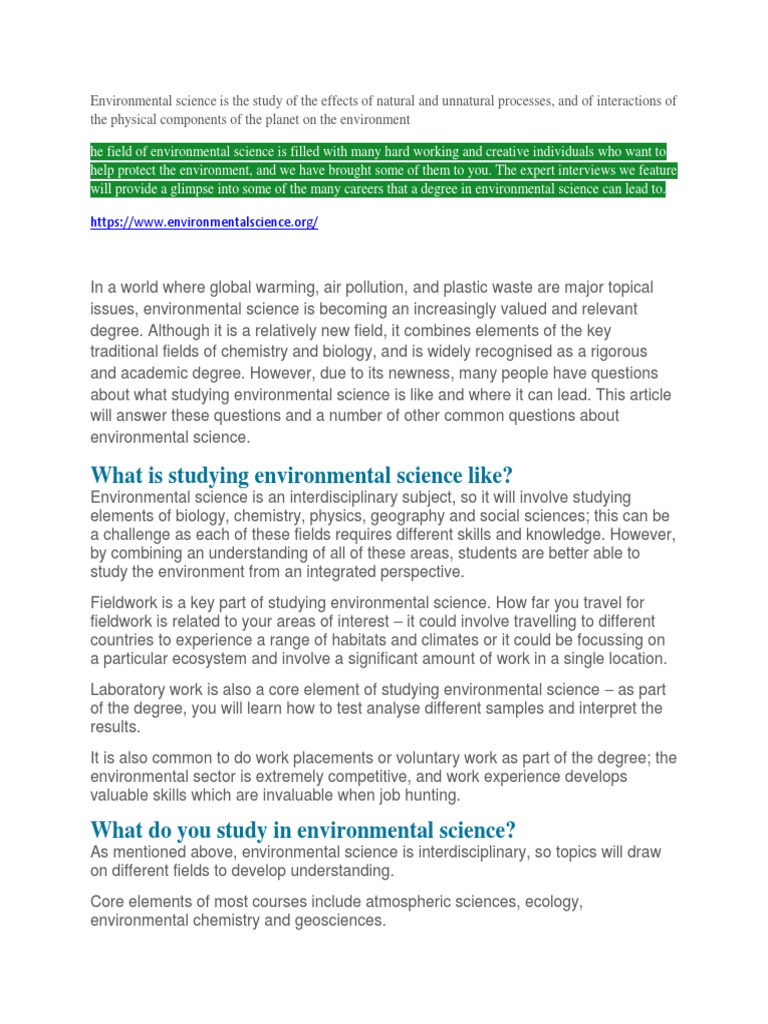 Environmental Science Is The Study of The Effects of Natural and ...