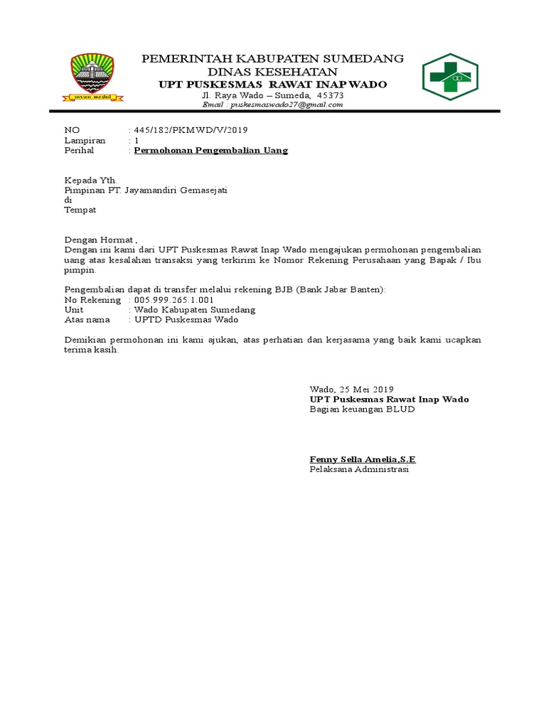 Surat Permohonan Pengembalian Uang | PDF