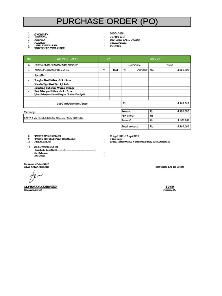 Contoh Surat Purchase Order Troley | PDF