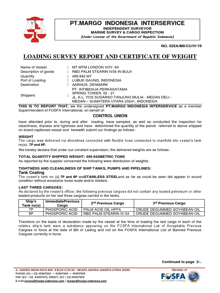 025a Loading Survey Report and Cert. of Weight MT MTM London 500 MT ...