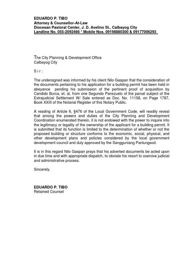 Letter To The City Planning and Development Office | PDF