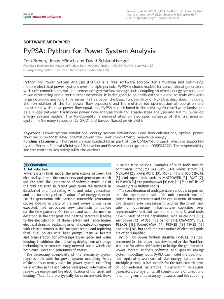 Pypsa: Python For Power System Analysis: Tom Brown, Jonas Hörsch and David Schlachtberger | PDF ...