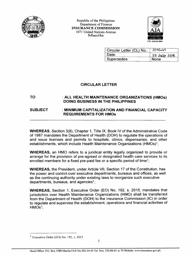 Circular Letter HMO Capitalization | PDF | Health Maintenance ...