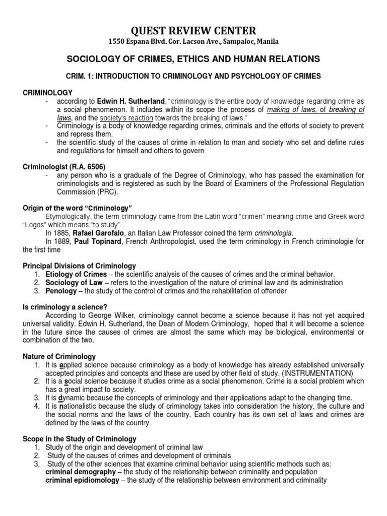 (Crim. 1) Introduction To Criminology and Psychology of Crimes | PDF ...