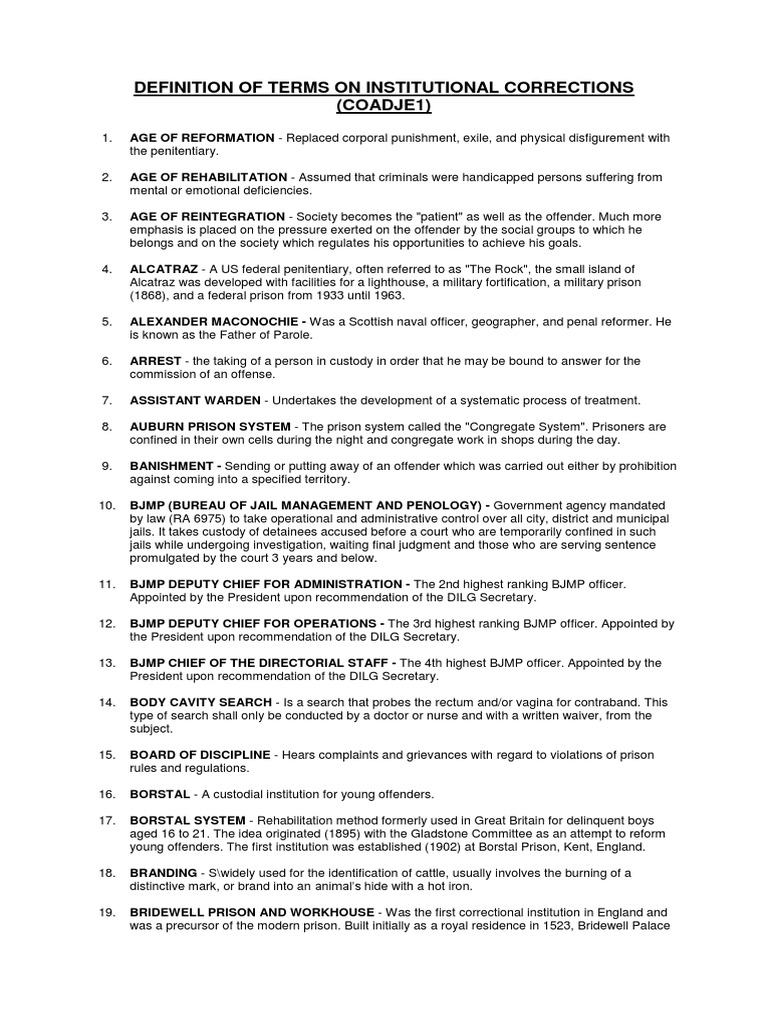 Definition of Terms On Institutional Corrections (COADJE1) | PDF | Prison | Probation