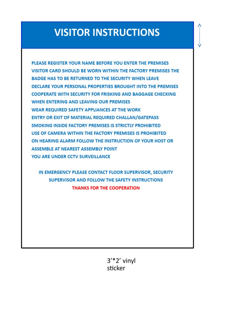 Visitor Instructions: 3' 2' Vinyl Sticker | PDF