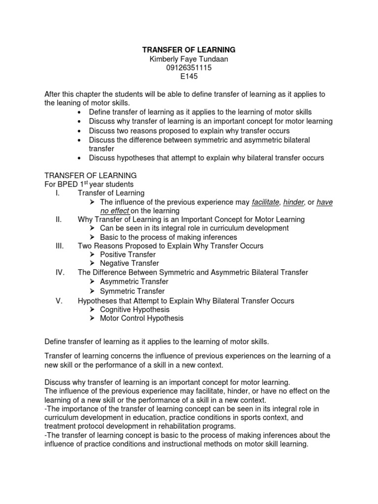 Understanding Transfer of Learning | PDF | Motor Control | Learning