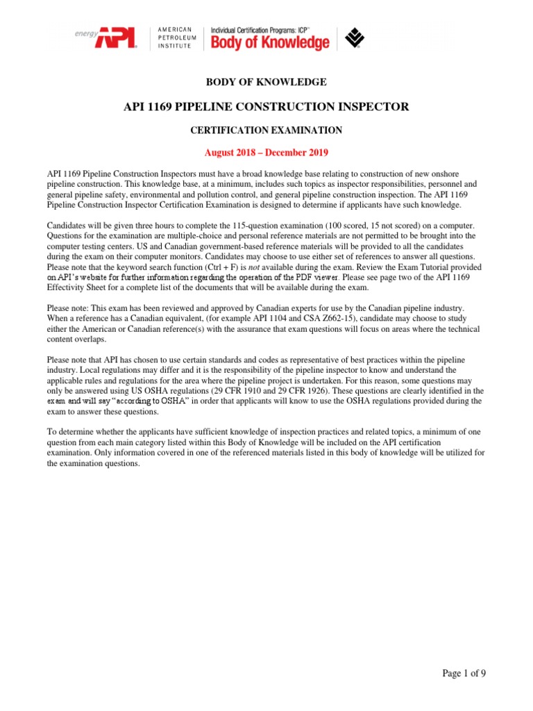 Api 1169 Pipeline Construction Inspector: Body of Knowledge | PDF ...