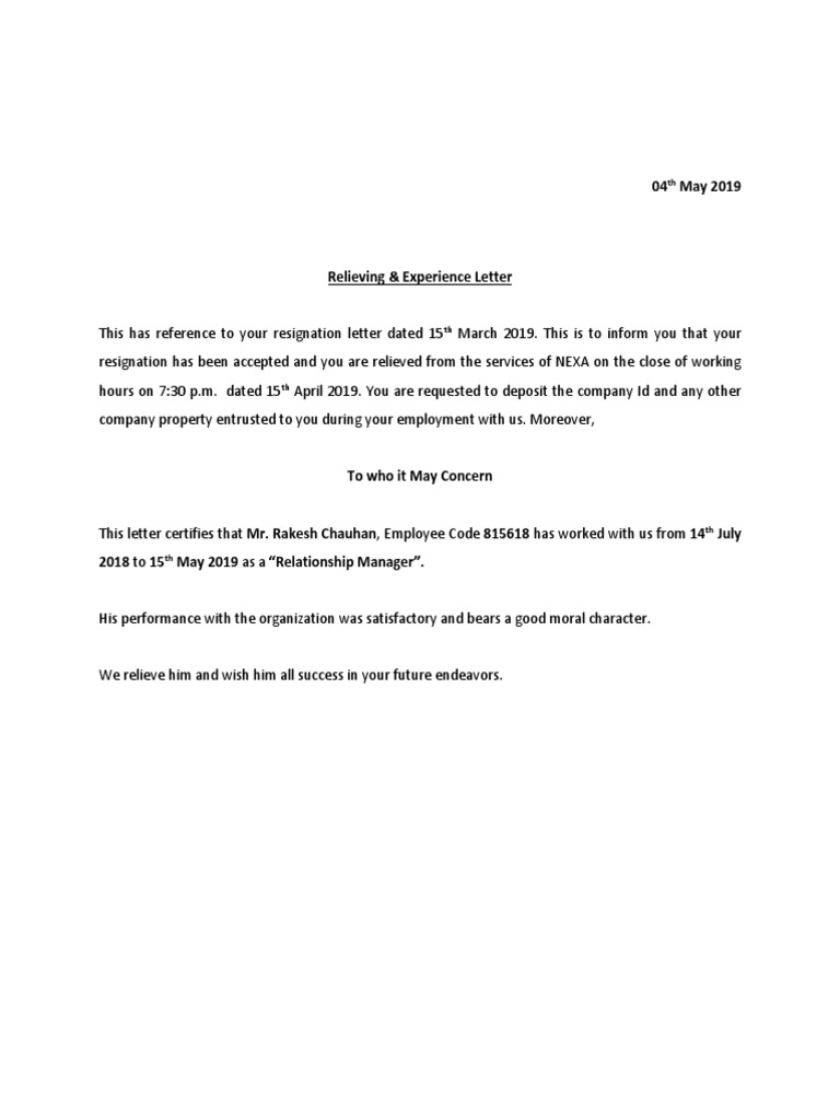 Experience & Relieving Letter | PDF