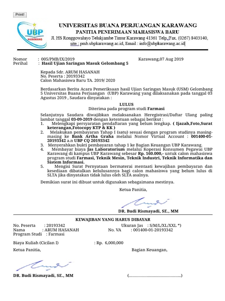 PMB - Ubpkarawang.ac - Id Welcome Print Surat Kelulusan 20193342 | PDF