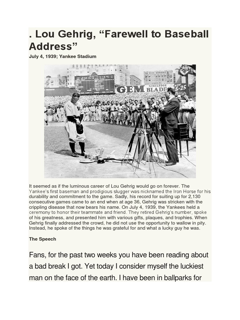 Extract From Lou Gehrig, "Farewell To Baseball Address" | PDF