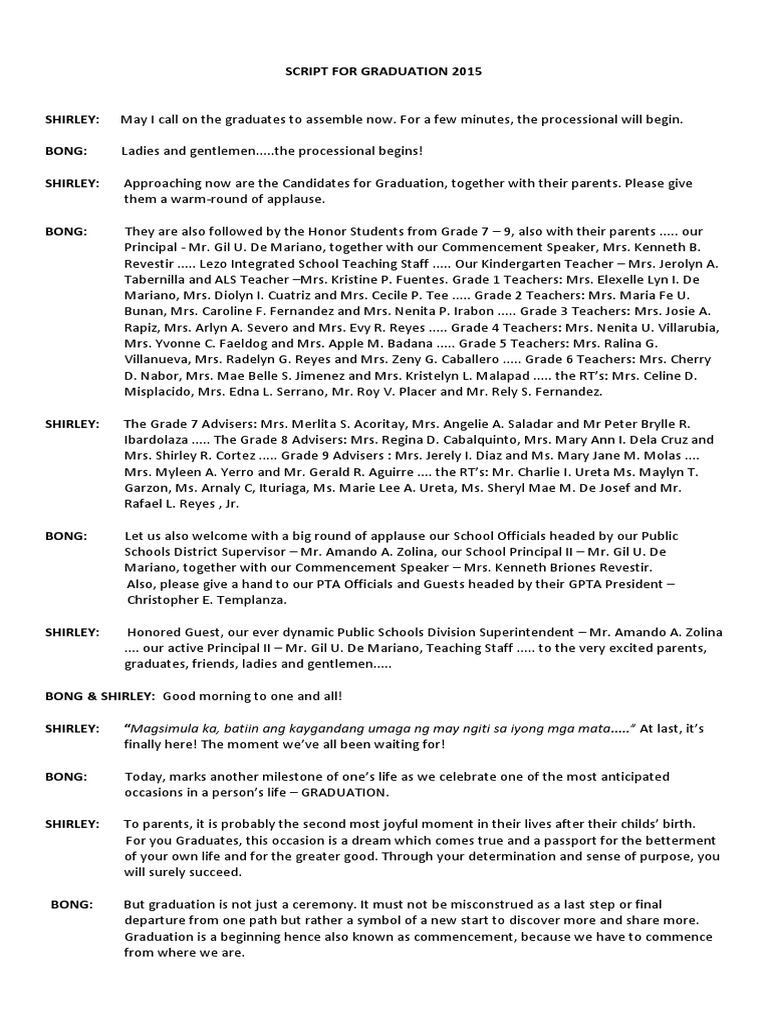 Script For Graduation 2015 | PDF | Educational Stages | Students