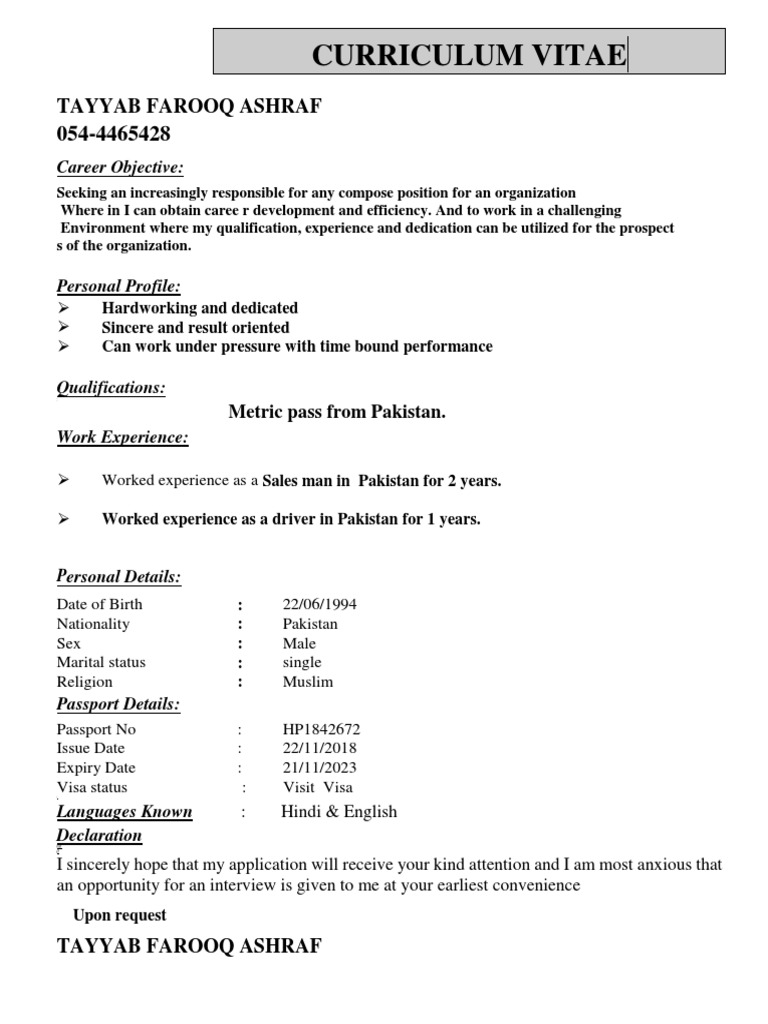 Curriculum Vitae: Tayyab Farooq Ashraf | PDF