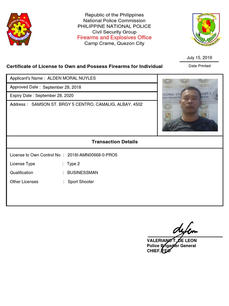 Firearms and Explosives Office: Certificate of License To Own and ...