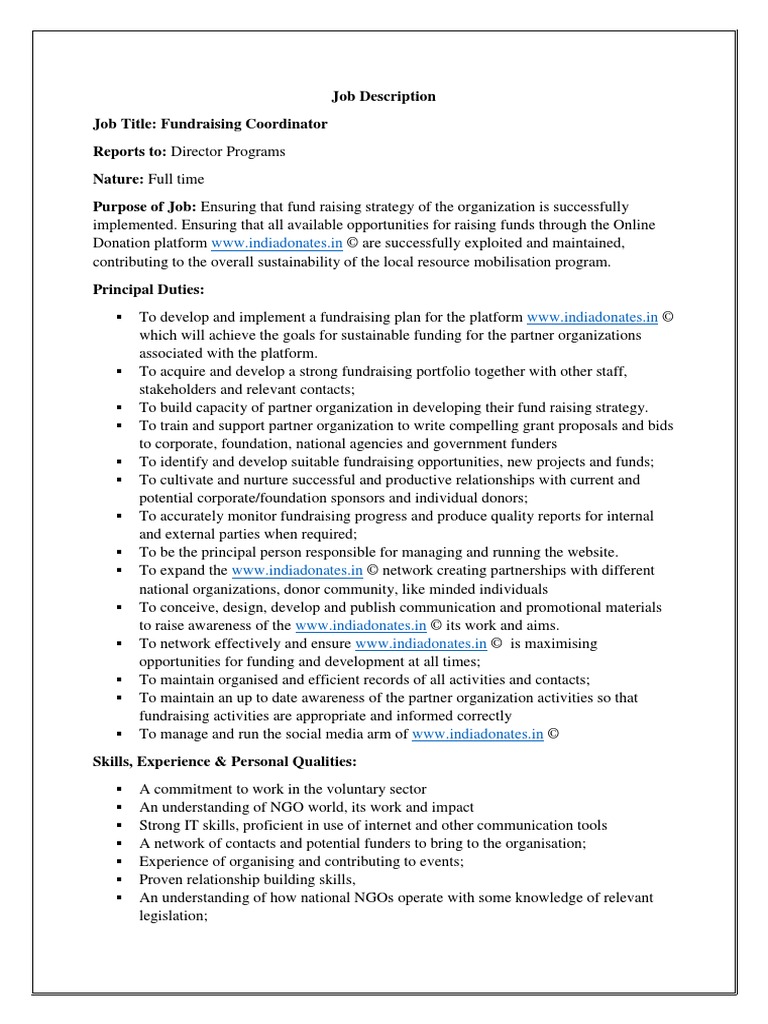 Job Description Job Title: Fundraising Coordinator Reports To: Director ...