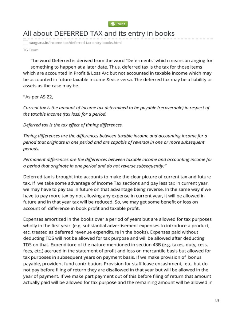 Taxguru - In-All About DEFERRED TAX and Its Entry in Books | PDF ...