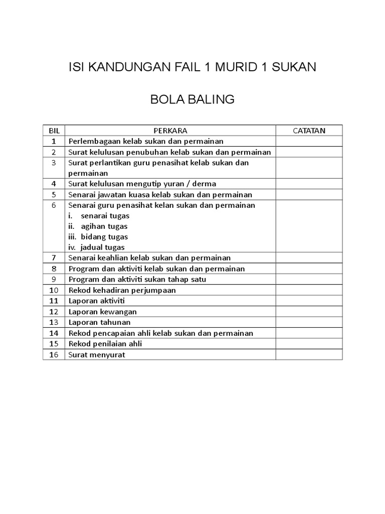 Isi Kandungan Fail 1 Murid 1 Sukan