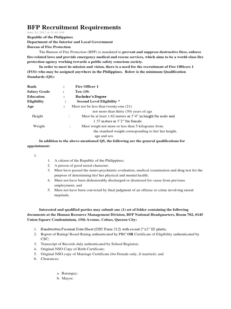 BFP Recruitment Requirements | PDF | Police Officer | Police