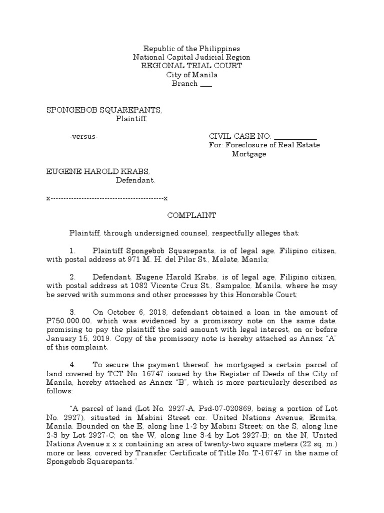 Complaint For Foreclosure of Real Estate Mortgage Revised | PDF ...