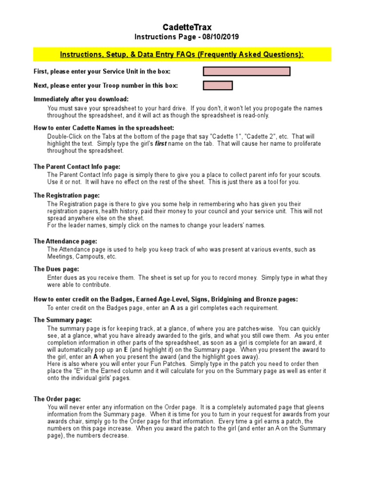 Cadette Tracker | PDF | Spreadsheet | Password