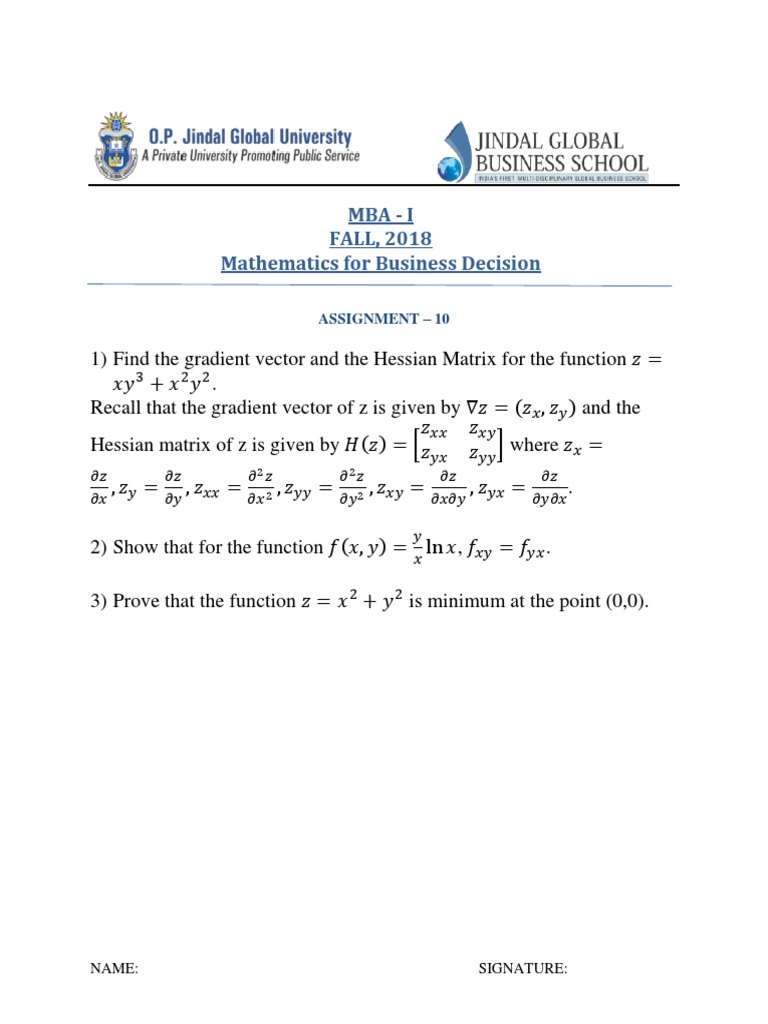Mba - I FALL, 2018 Mathematics For Business Decision: Assignment - 10 ...