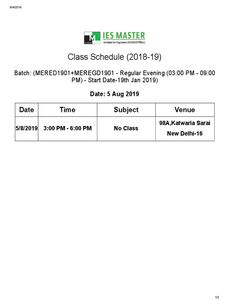 Class Schedule (2018-19) : Date Time Subject Venue | PDF