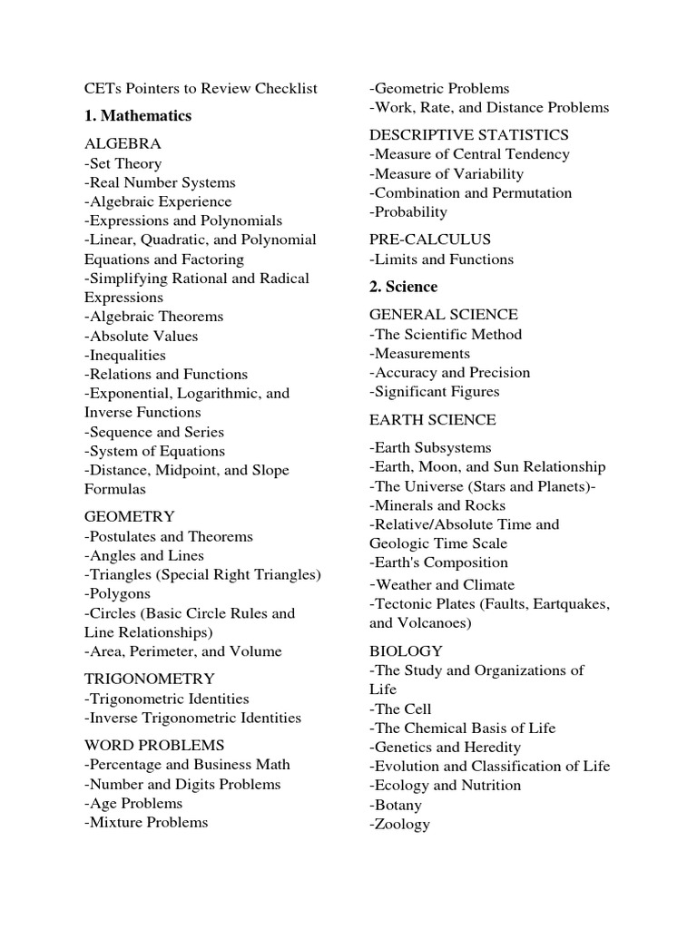 CETs Review Pointers Checklist | PDF | Trigonometry | Function ...